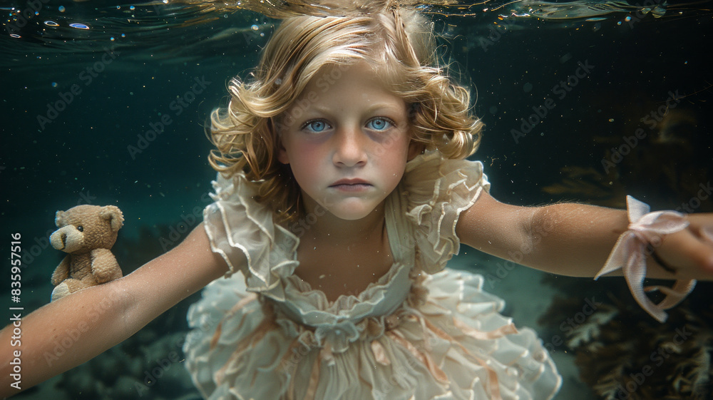 a , screaming, terrified ten year old girl sinking deep in water ...