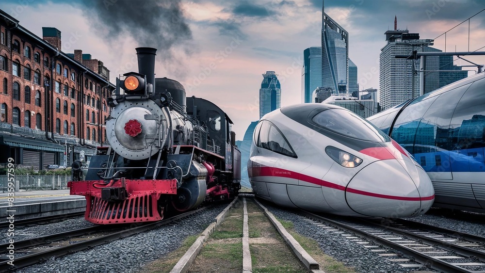 Old vs new, a vintage steam locomotive side by side with a futuristic ...