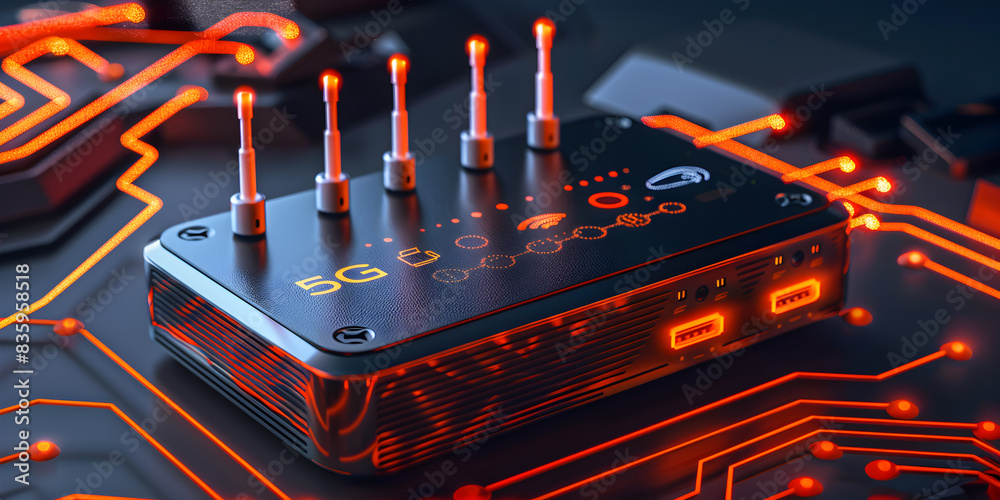 Home WiFi Router on table Wireless modem router on a desk with dark ...