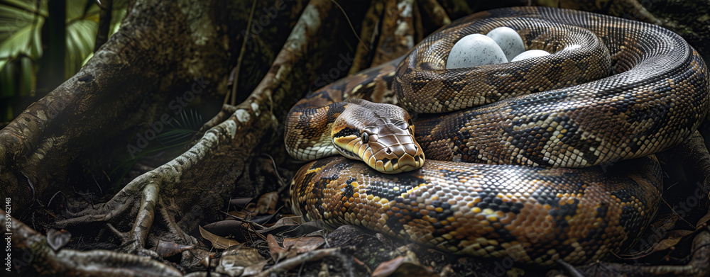 a giant anaconda coiled protectively around a clutch of glistening ...