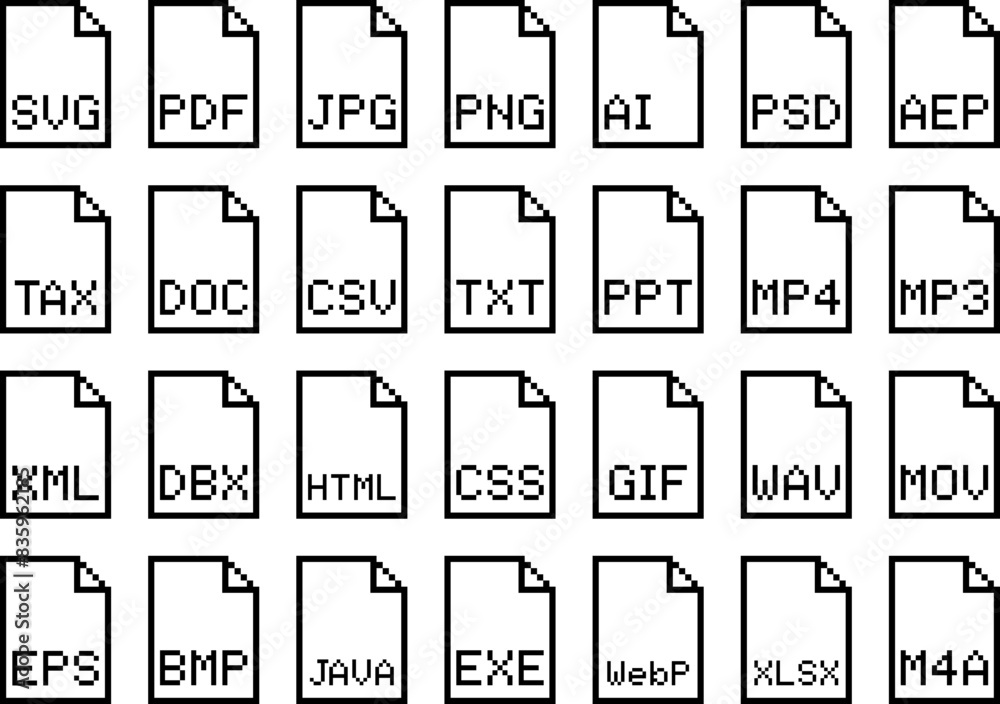 Pixel art file formats icons vector pack Stock Vector | Adobe Stock