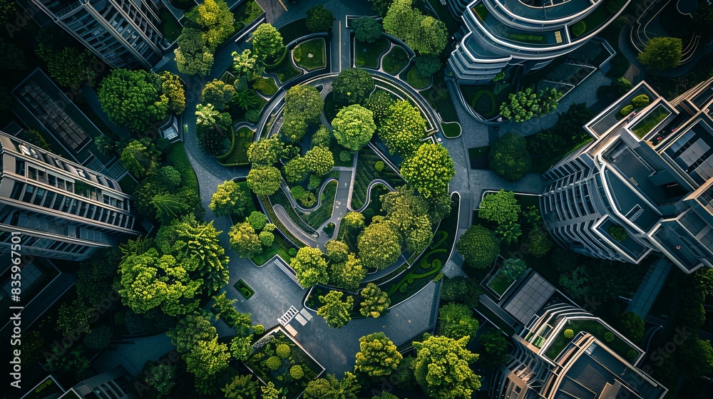 Aerial photography from above, highlighting the coexistence of trees ...