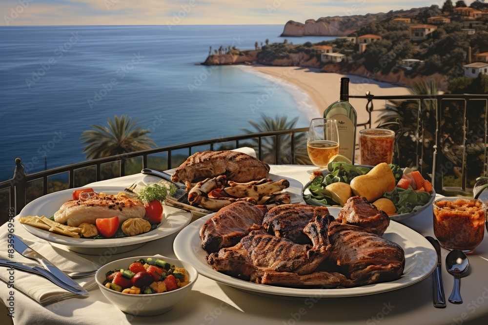 Australian barbecue spread on a coastal terrace with oceanfront village ...