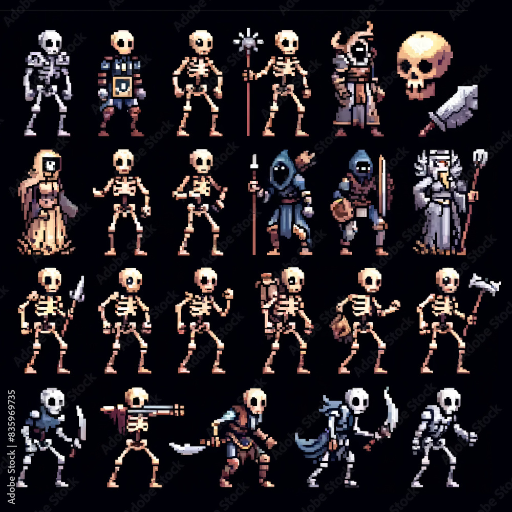 Pixel Art Skeleton Warrior Icons for RPG Sprite Sheet ilustração do ...