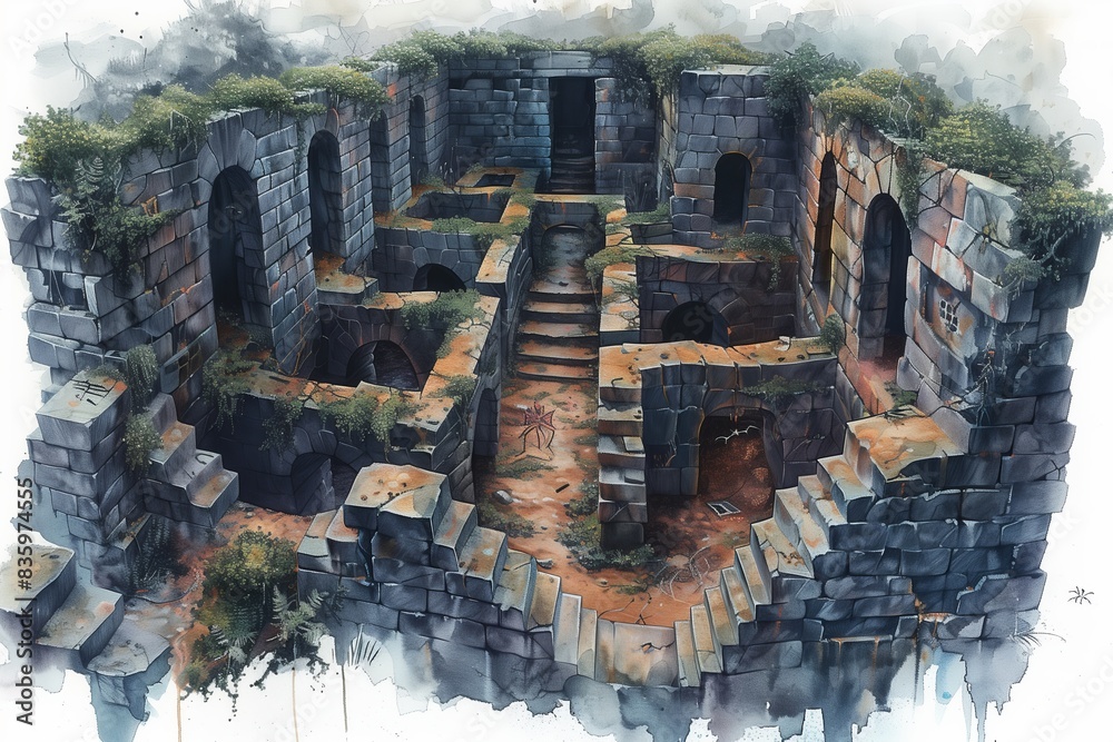 Stair hall inside dark stone dungeon of castle. Isometric view ...