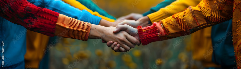 A diverse team demonstrating unity and inclusivity with handshake ...