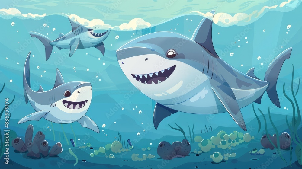 An illustration of a cute cartoon shark family, with parents and baby ...