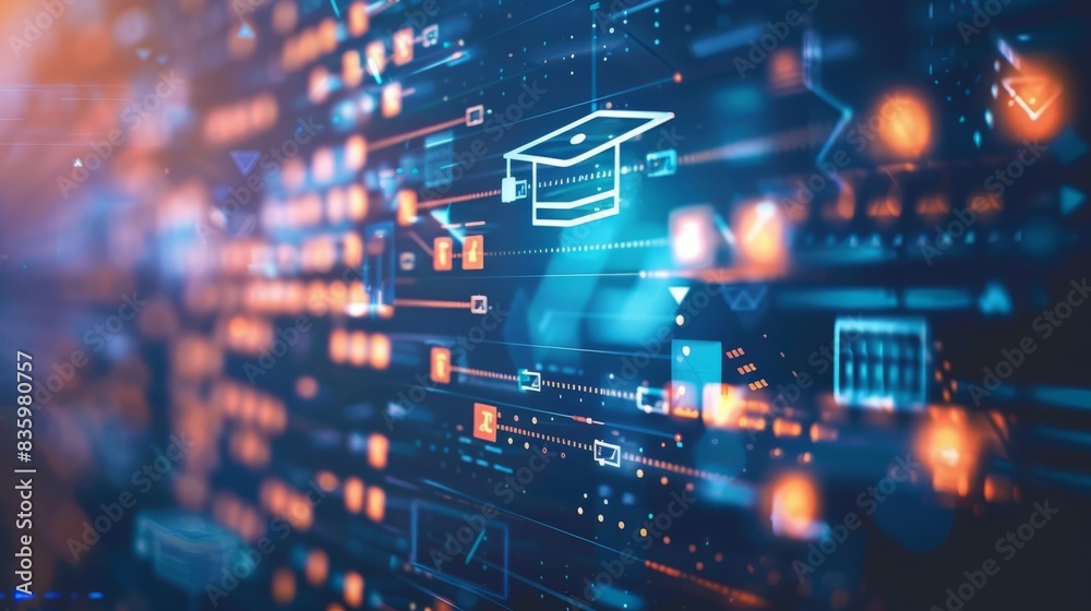 digital education concept with icons of computer, graduation cap and ...