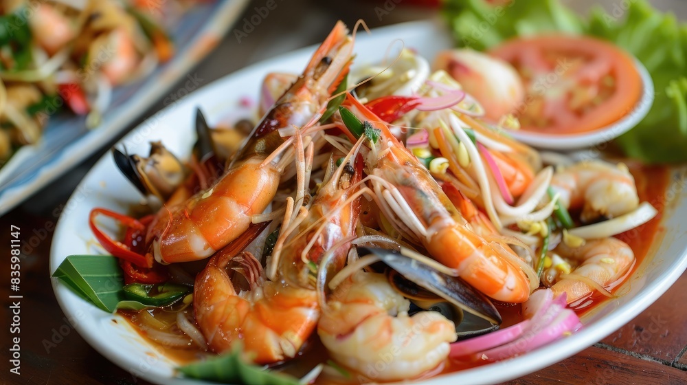 A zesty plate of som tam talay ruam featuring shrimp, squid, and ...