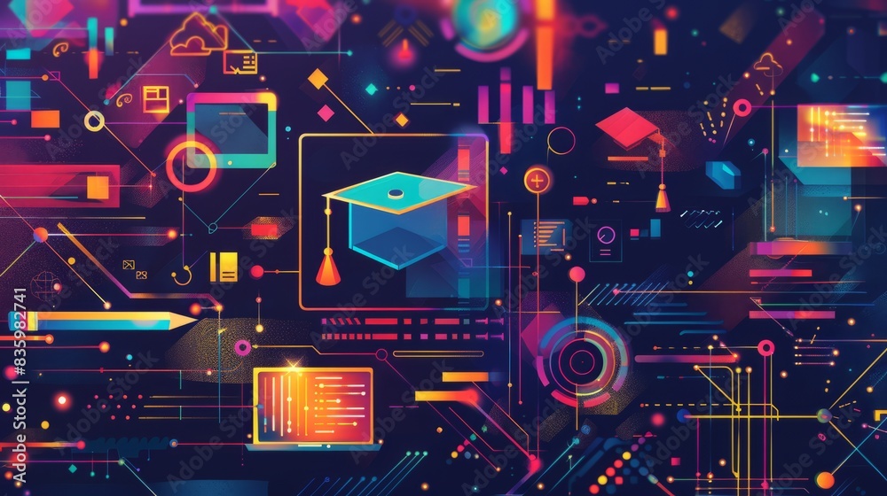 Digital background featuring icons of education and technology, such as ...