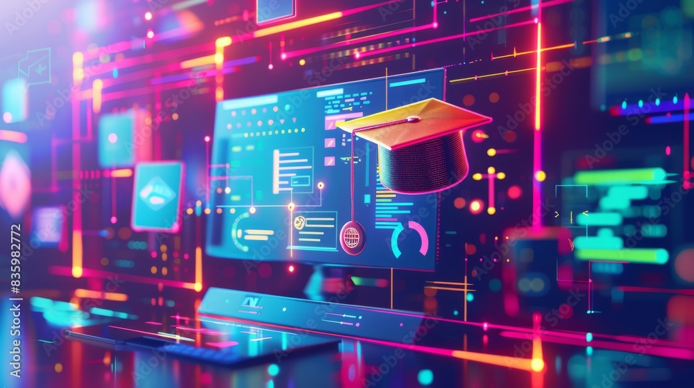 Digital background featuring icons of education and technology, such as ...