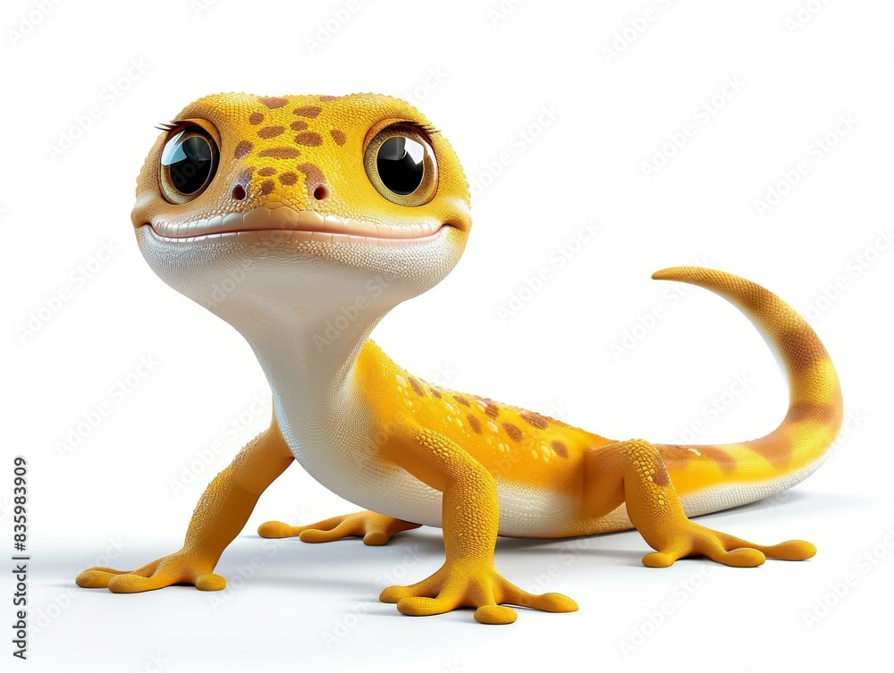 A cute cartoon gecko with big eyes and a friendly smile. The gecko is ...