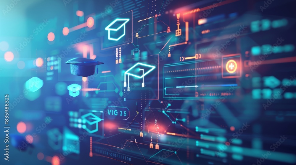 Digital illustration of an online education platform with icons ...