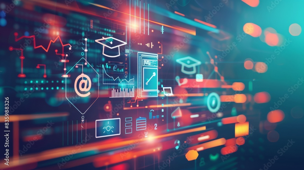 Digital illustration of an online education platform with icons ...