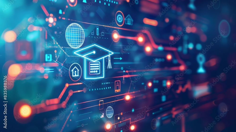 Digital illustration of an online education platform with icons ...