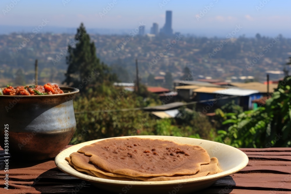 Ethiopian injera and stew with a view of an Addis Ababa village. Stock ...