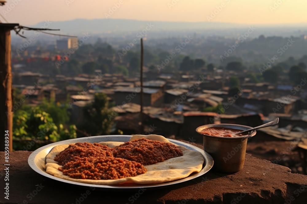 Ethiopian injera and stew with a view of an Addis Ababa village. Stock ...