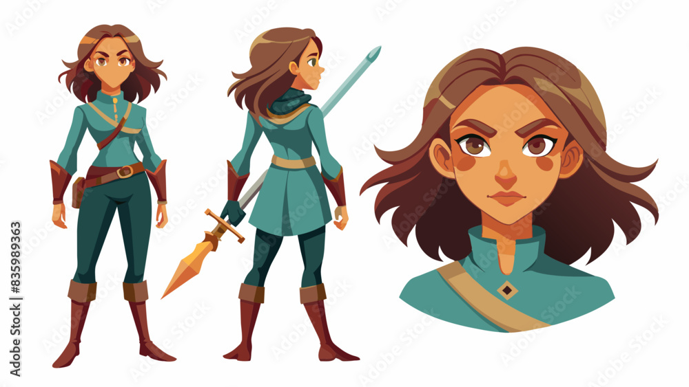 Set Of Woman With Sword In Different Pose, Collection of Vector Art ...