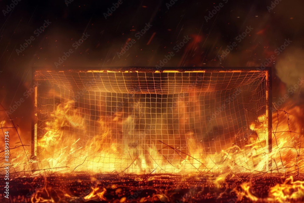 Design a soccer goal surrounded by flickering fire flames, giving a ...