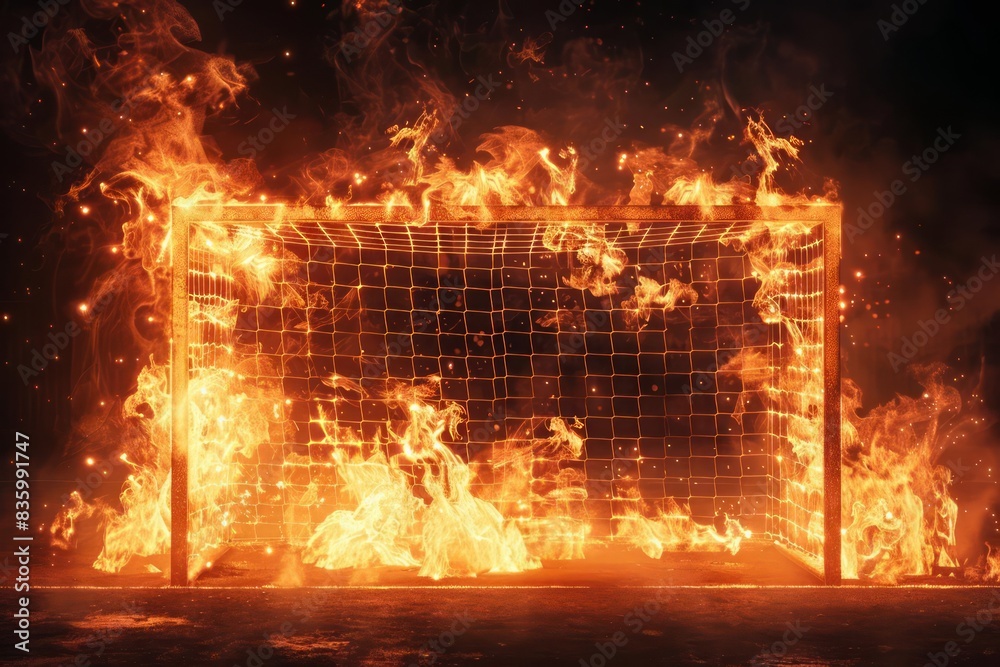 Design a soccer goal surrounded by flickering fire flames, giving a ...