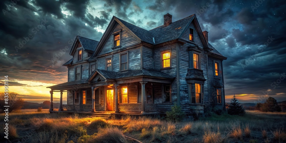 Creepy abandoned house at night with glowing windows , haunted, mystery ...
