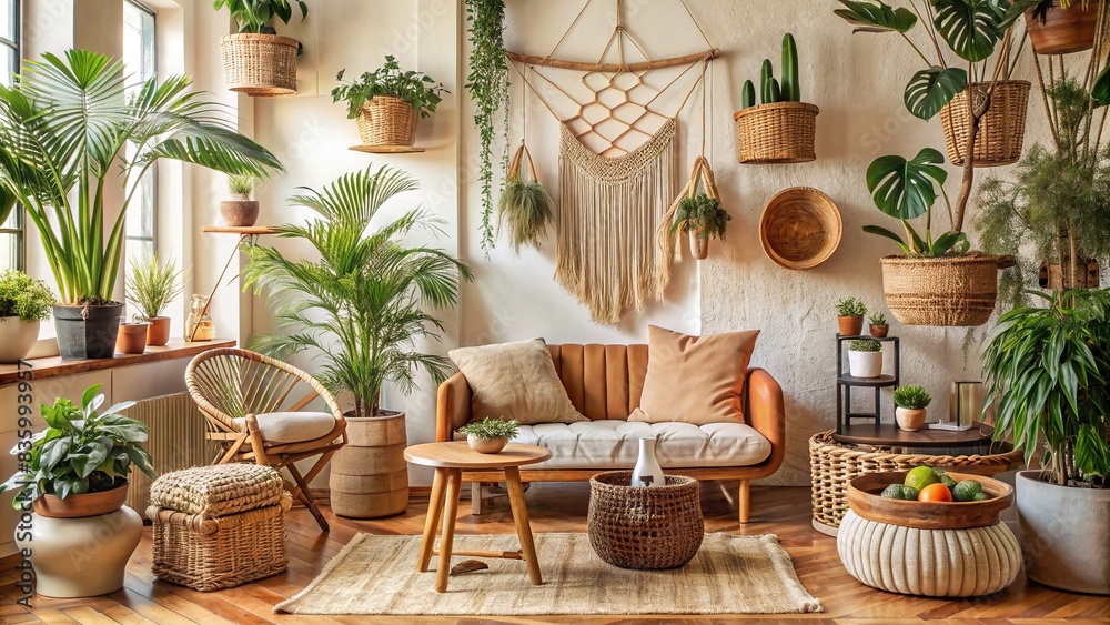 Boho home decor with earthy tones and natural elements including rattan ...