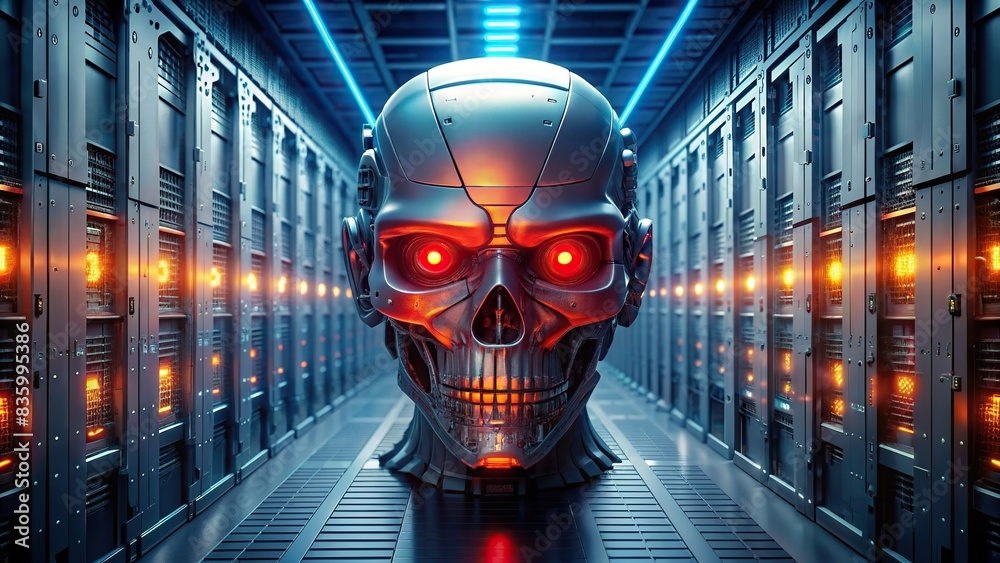 Evil robot head with glowing red eyes in futuristic data center, robot ...