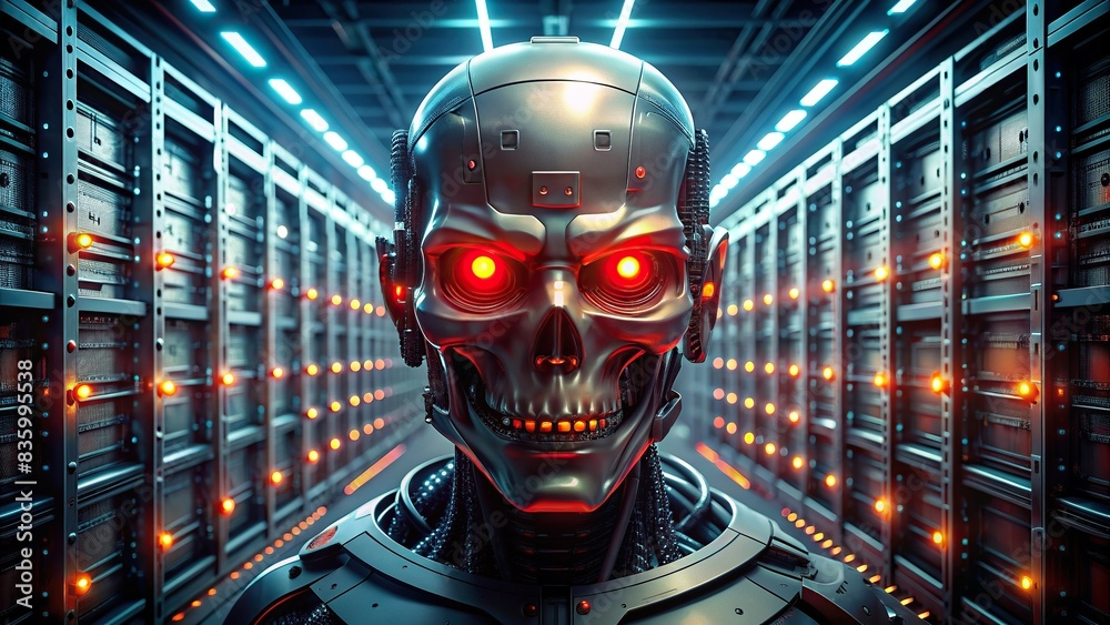 Evil robot head with glowing red eyes in futuristic data center, robot ...