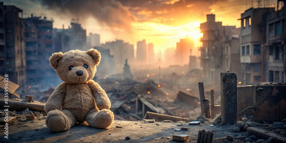 Toy teddy bear standing amidst a burnt cityscape from war aftermath ...