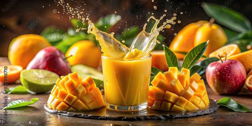 Freshly squeezed yellow mango juice splash with assorted fruits , mango ...