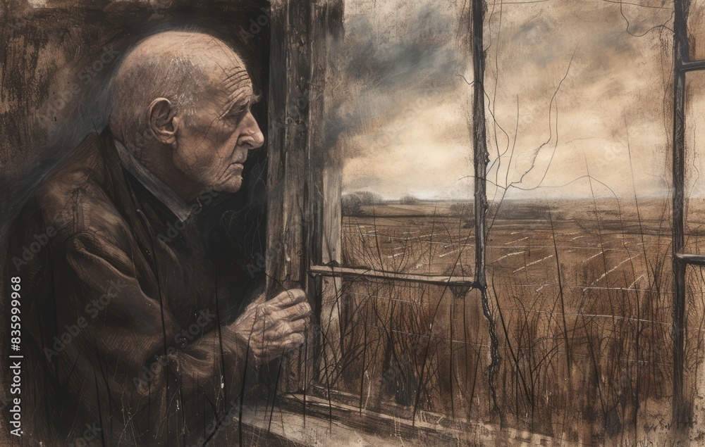 An old man looking out his window in the fields, in a dystopian art ...