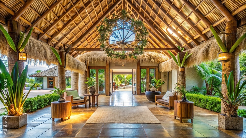 Tropical resort lobby entrance with a thatched roof, coral stone ...