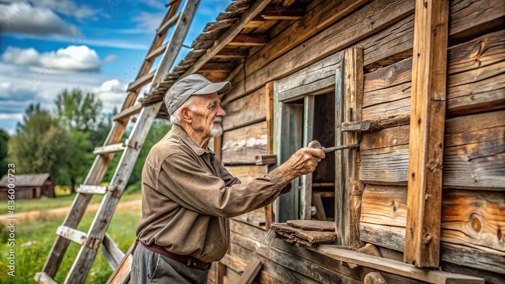 Old soviet man repairing wooden house in underdeveloped village ...