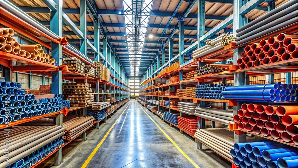 Rows of pipes neatly organized in a warehouse setting , industrial ...