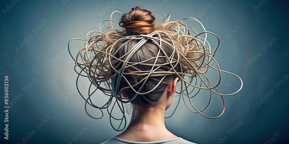 Messy bun hairstyle with tangled wires representing a cluttered brain ...
