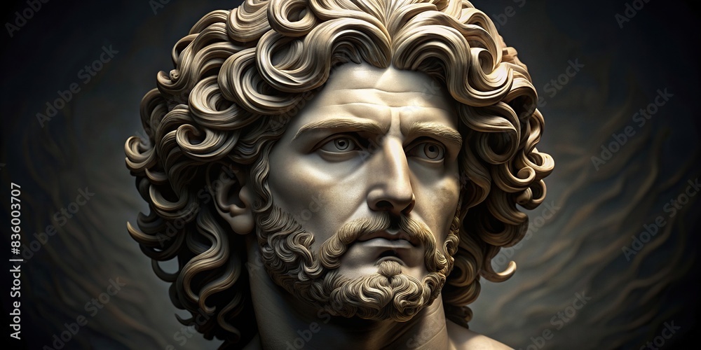 Detailed bust of an ancient hero with wavy hair against a dark ...