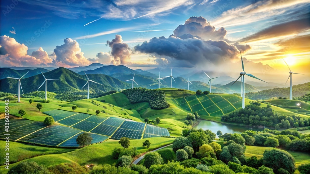 A futuristic image of a lush green landscape powered by renewable ...
