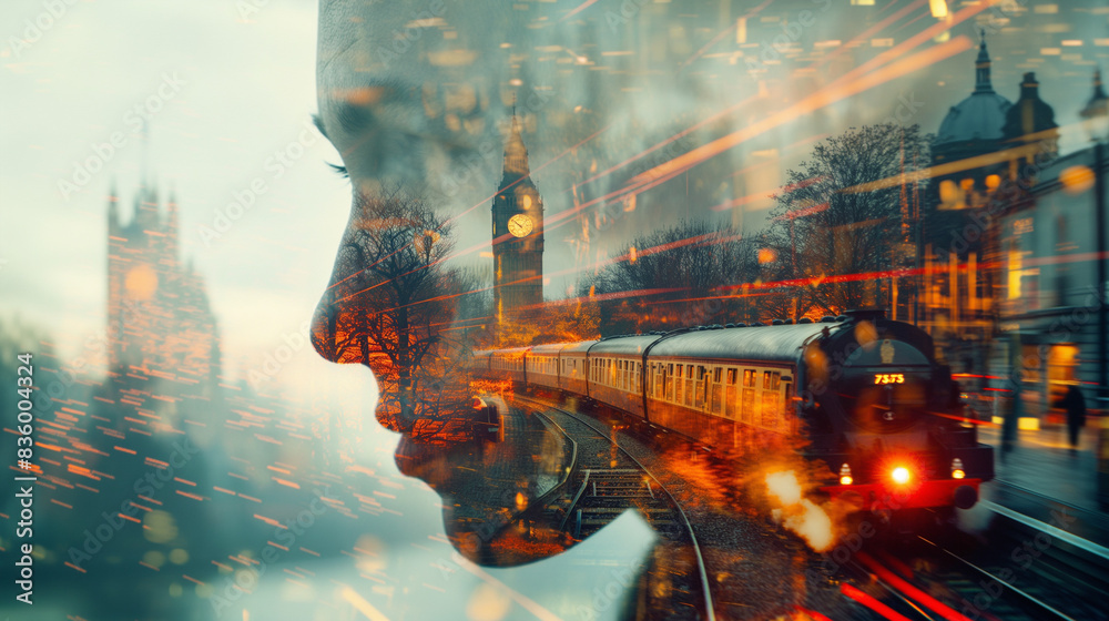 Double Exposure of Man's Face with The Flying Scotsman Train and City ...