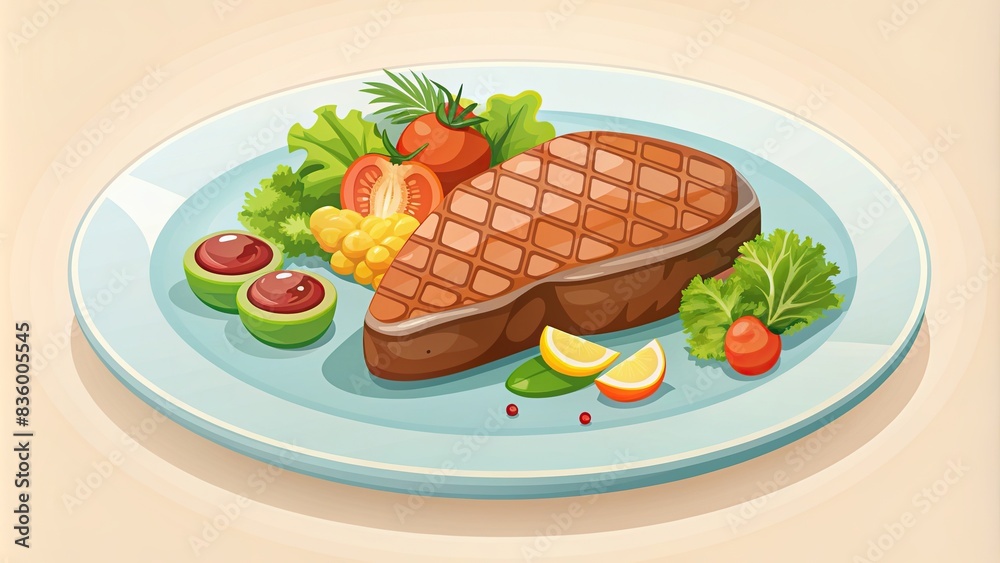 Steak dinner in flat design, side view, featuring a gourmet meal in a ...