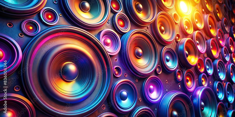 Abstract hyper realistic music background with speakers in full bright ...