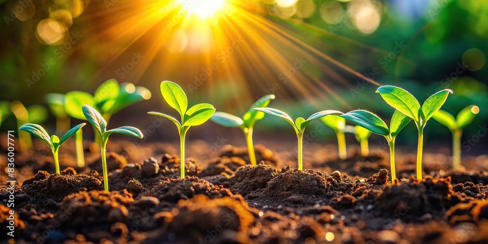 Small seedlings sprouting from the rich soil on a sunny morning , Earth ...