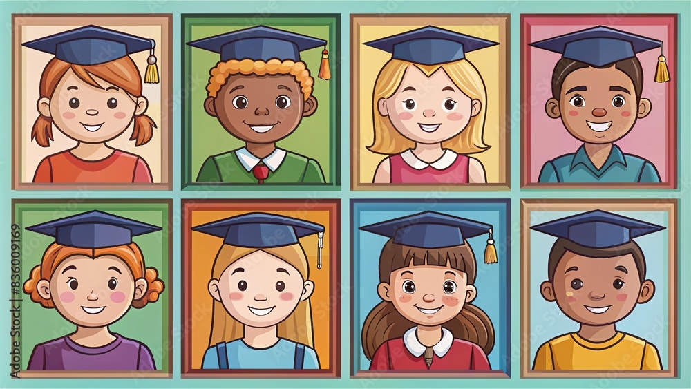 Cartoon drawing of children in graduation caps, illustrated portraits ...
