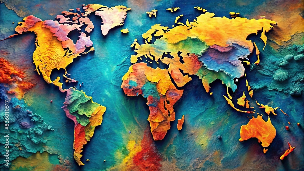 Abstract and colorful art depiction of world map landscape with GIS ...