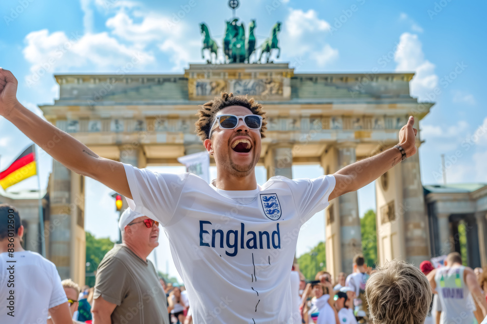 English football soccer fans in downtown Berlin at the Brandenburg gate ...