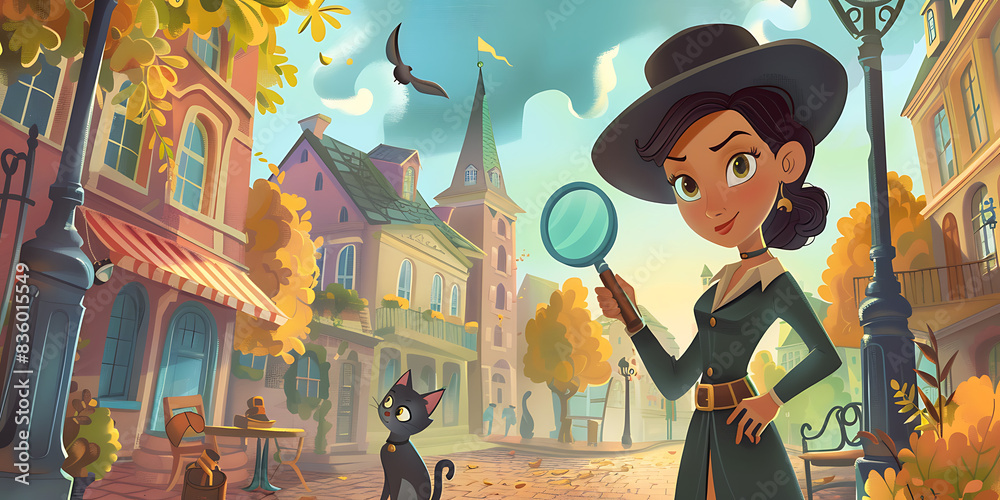2D cartoon book cover depicting a young detective and her clever cat ...