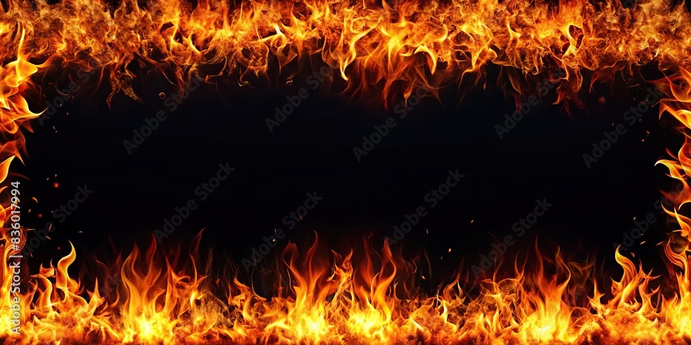 Fire border design with burning embers on black background for poster ...