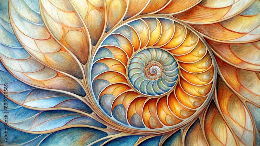 Nautilus spiral fibonacci pencil drawing with intricate patterns ...