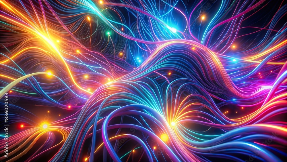 Abstract neon background of twisted glowing lines resembling Neurolink ...