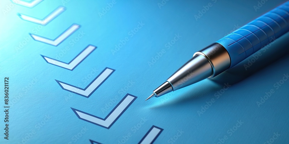 of a pen putting blue ticks on paper, with a blue background, front ...