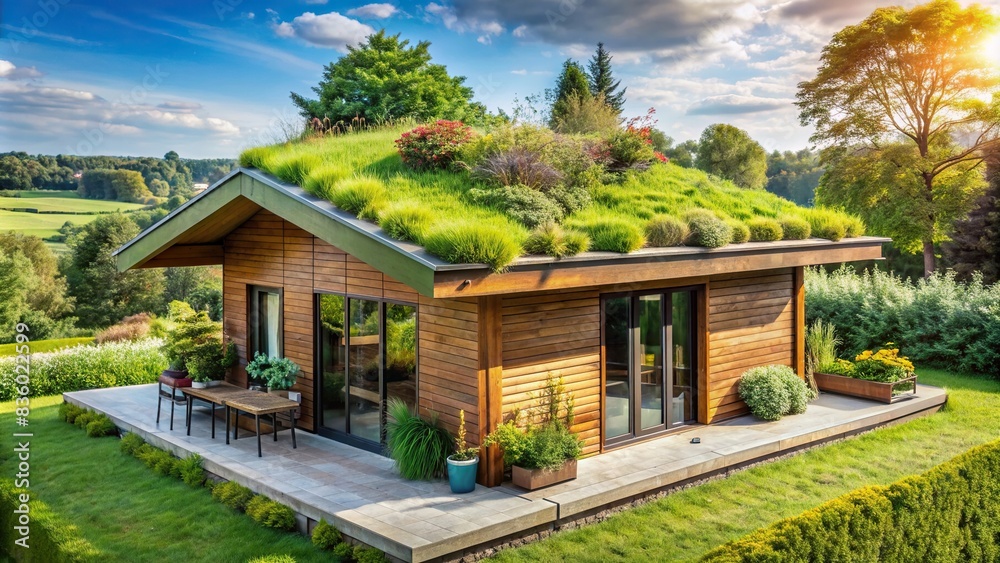 A small eco-friendly house with a green roof and a garden on top ...